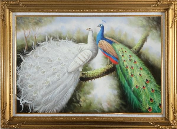 Beautiful White and Blue Peacocks Oil Painting Animal Naturalism 24 x ...